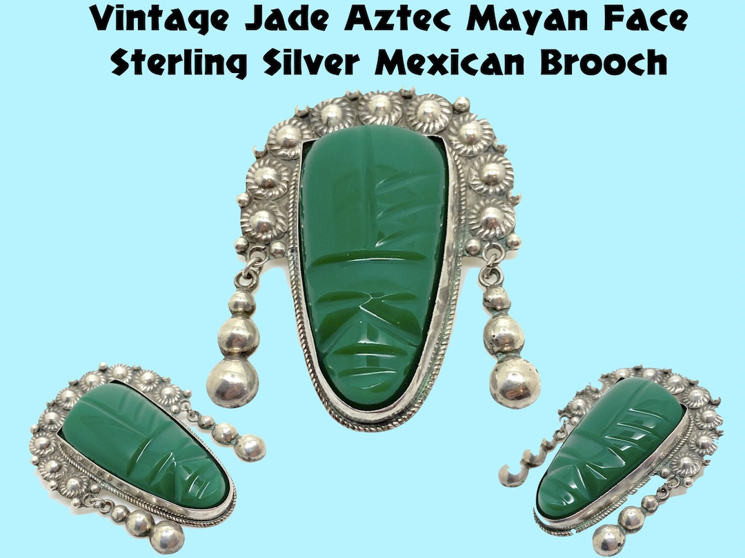 Vintage Jade Aztec Mayan Face Sterling Silver Mexican Brooch - Etsy