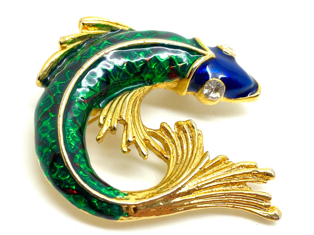 Vintage Cabouchon Enamel Crystal Rhinestone Chinese Carp Fish Brooch ...