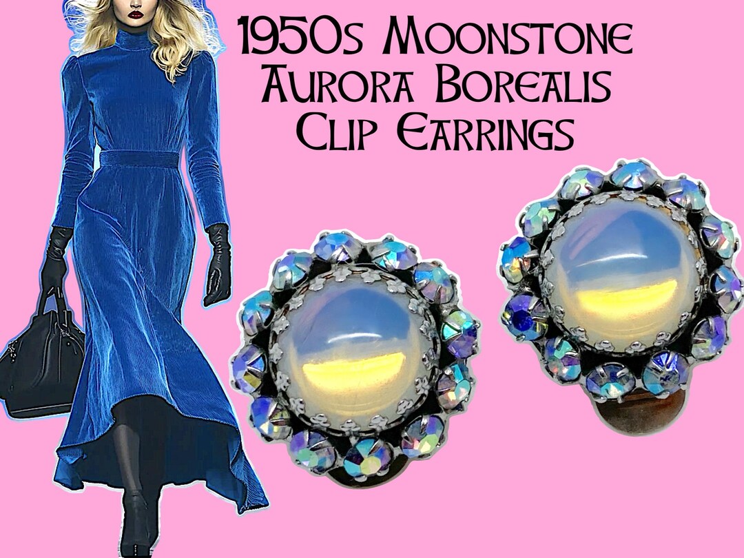 1950's Moonstone & Aurora Borealis Glass Clip Earrings - Etsy