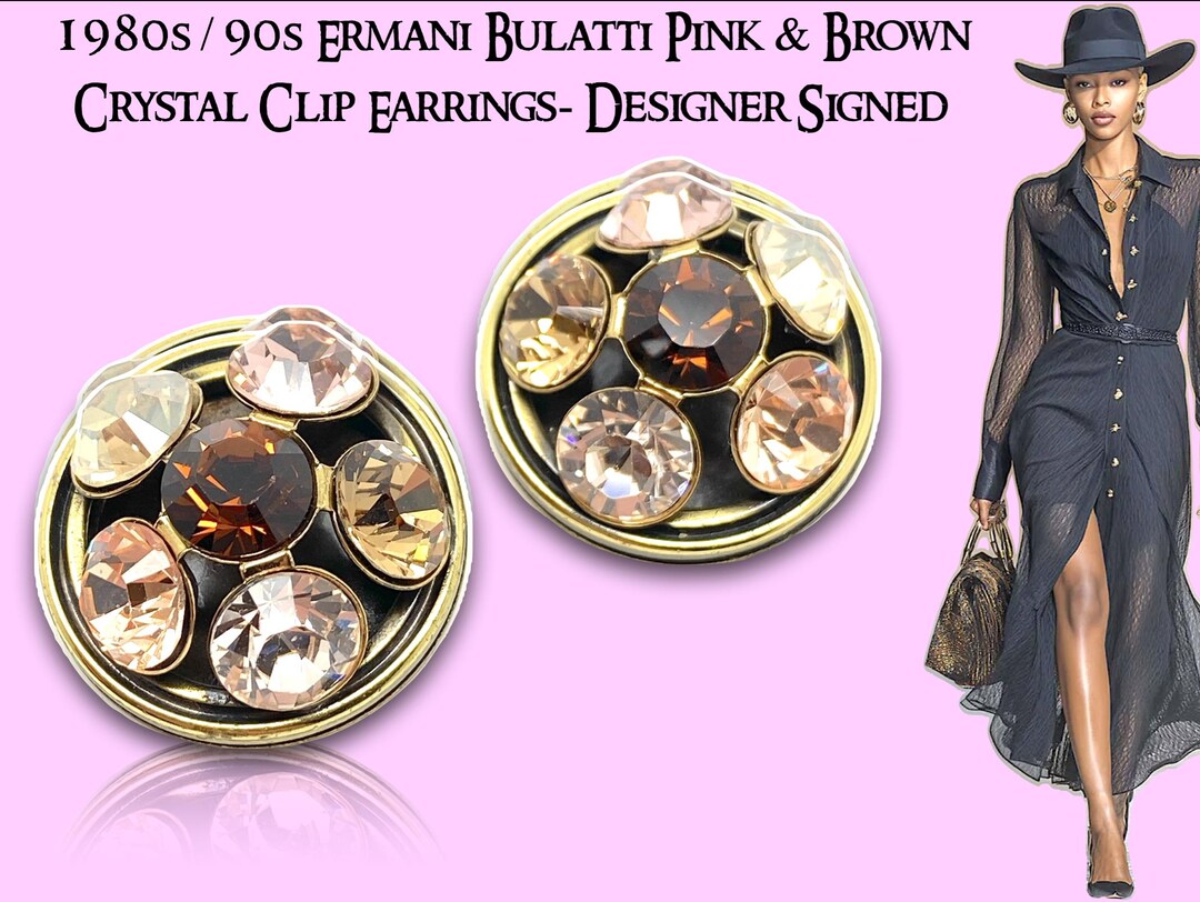 1980s/ 90s Ermani Bulatti Pink & Brown Crystal Clip Earrings- Designer ...