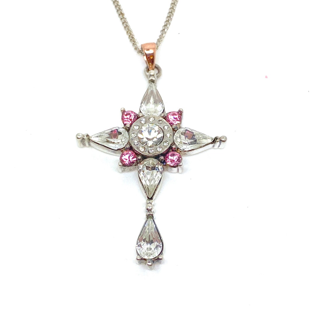 CLOGAU Welsh Silver & Gold Pink and White Topaz Cross Pendant Wth ...