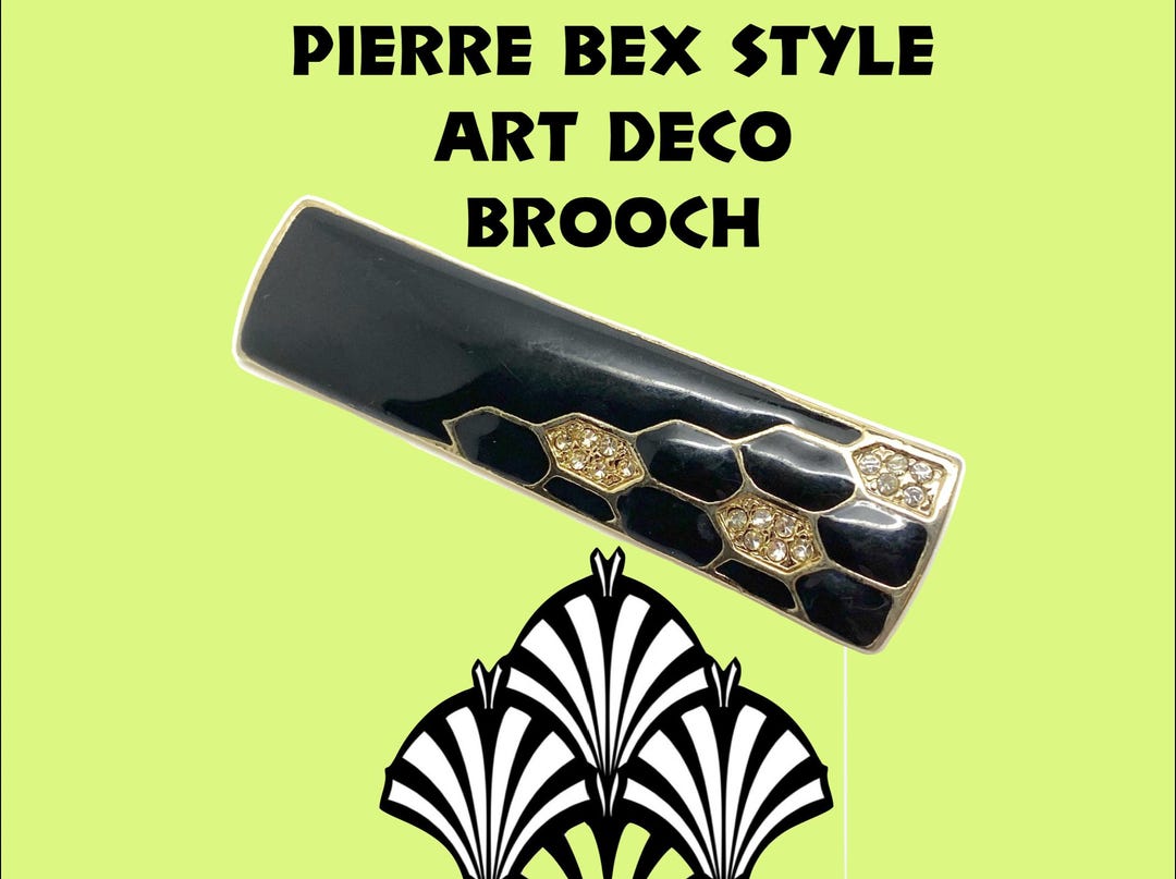 Modern Art Deco Pierre Bex Style Black Gold Enamel and Crystal Brooch ...