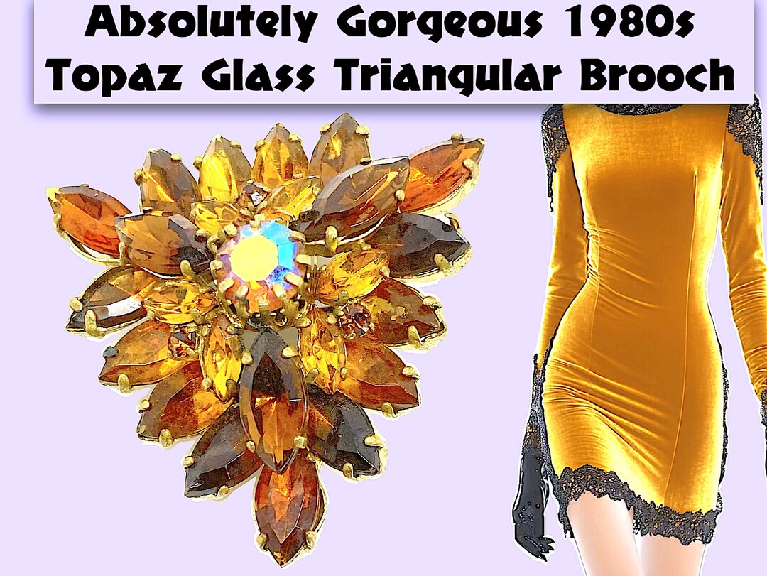 Vintage 1980s Topaz Glass Brooch: Crystal Rhinestone Triangular Pin - Etsy