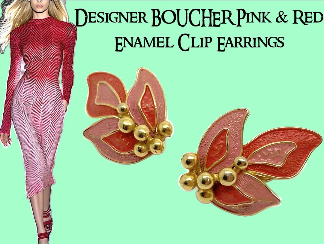 Marcel Boucher Pink & Red Enamel Clip Earrings-signed High End Designer ...