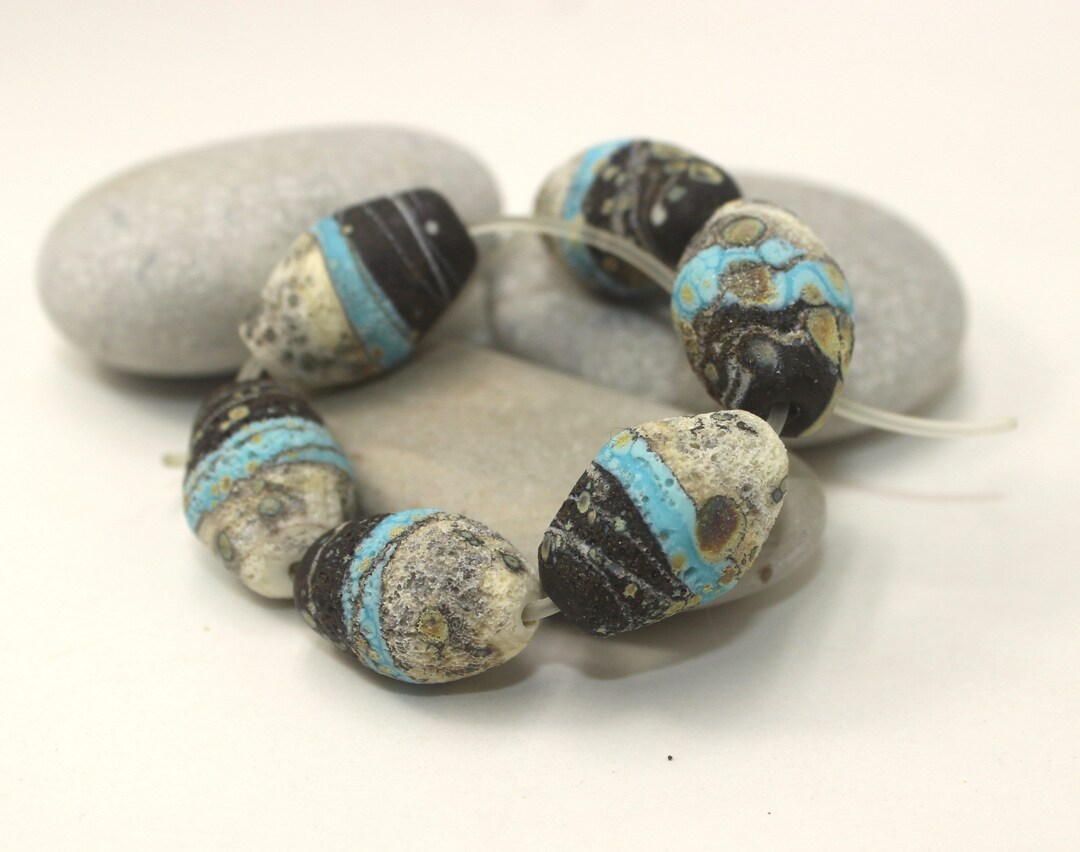 Etched Beads 22mm With Lava Texture, 6pcs, Black Blue Turquoise Ivory ...