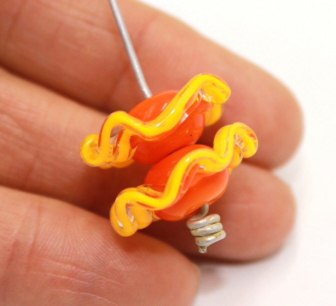 Set 2 Beads 9x18mm With Ruffle Orange Yellow Pair Glass Beads Handmade ...