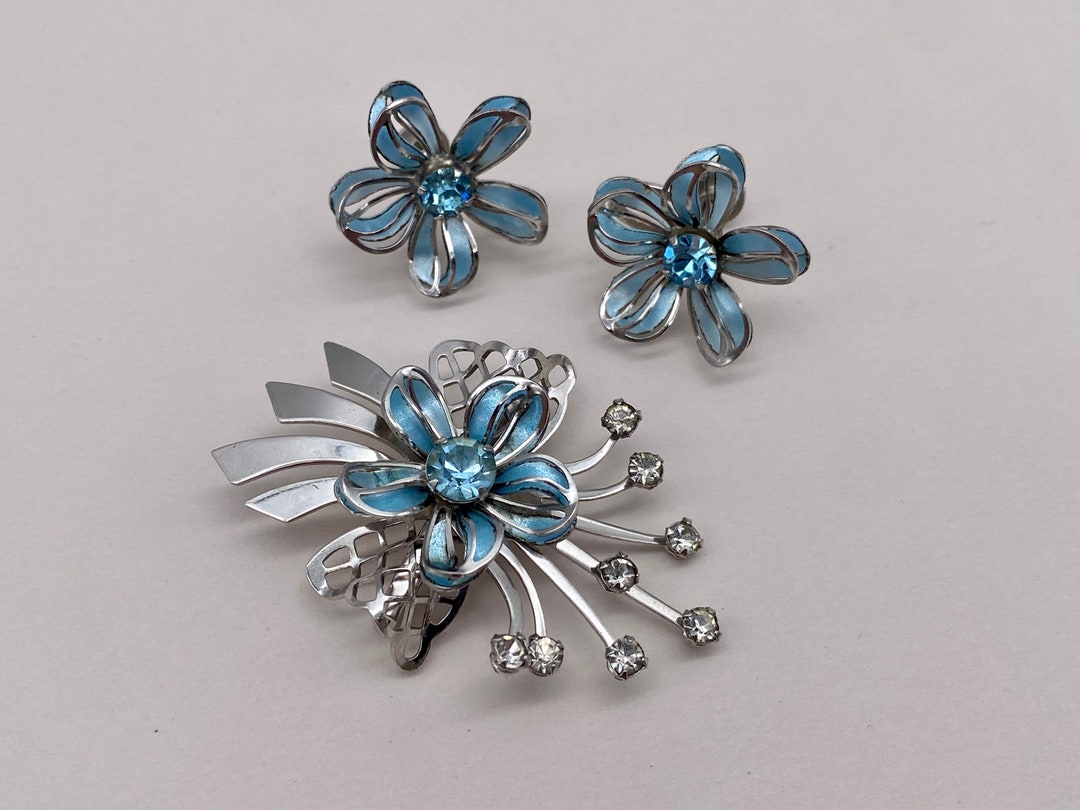 Bugbee & Niles Brooch and Screw-back Earrings Set Blue and Silver Tone ...