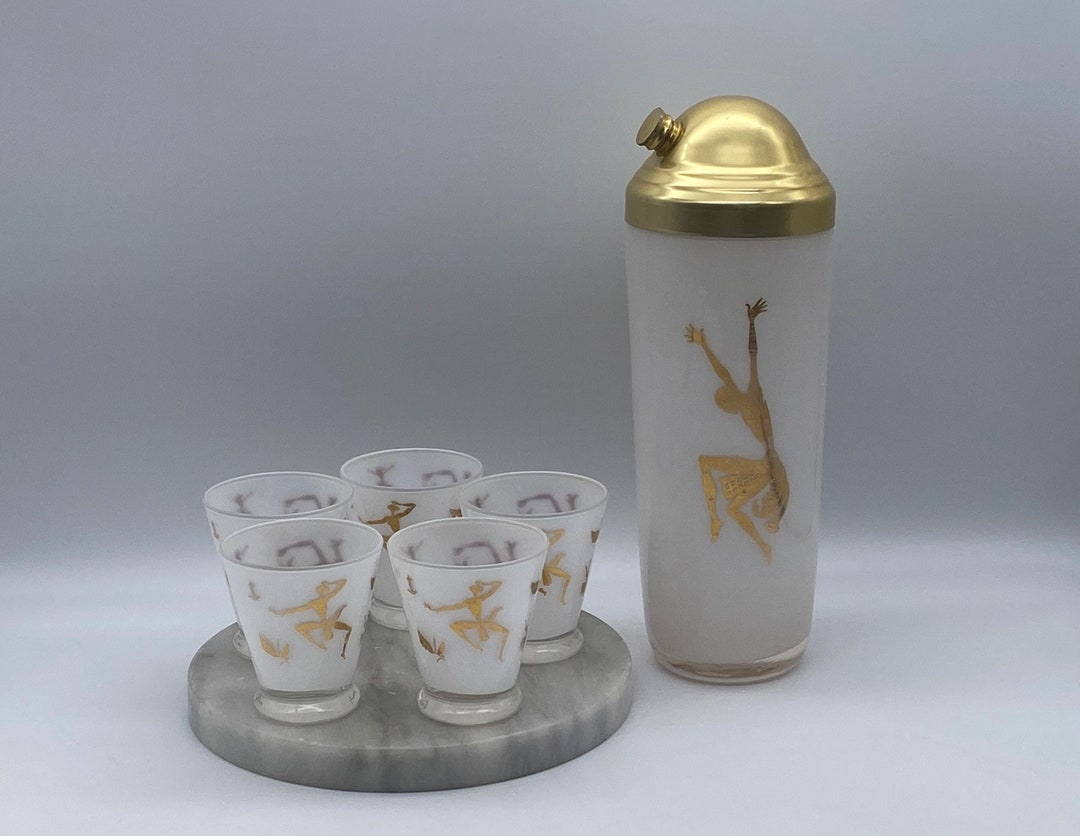 Vintage MCM Josephine Baker Martini Shaker and Cocktail Glass Set 22K ...