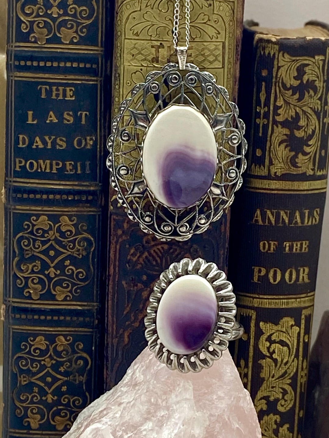 Wampum Clam Shell Necklace and Ring, Silver Tone Set, Quahog Jewelry ...