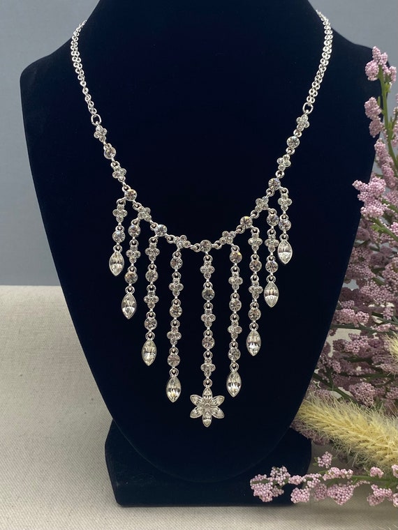 Napier Necklace Silver Tone Rhinestone Drop Waterfall… - Gem