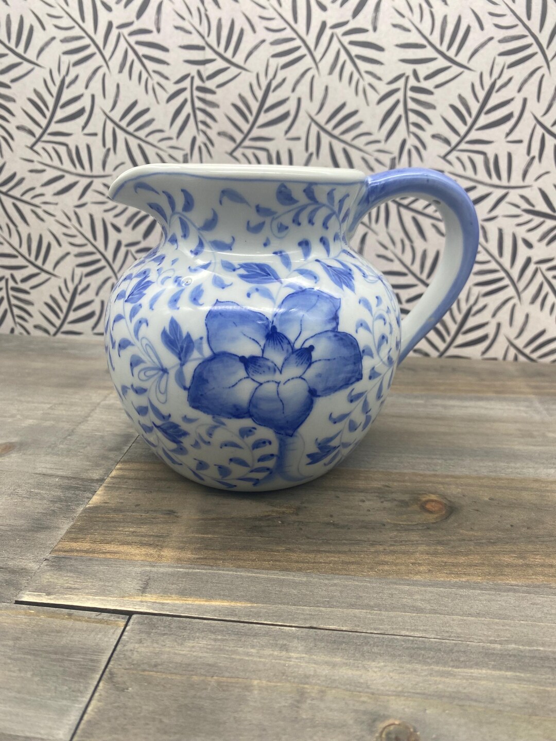 Ceramic Pitcher, Blue and White Floral, Andrea by Sadek, Made in ...
