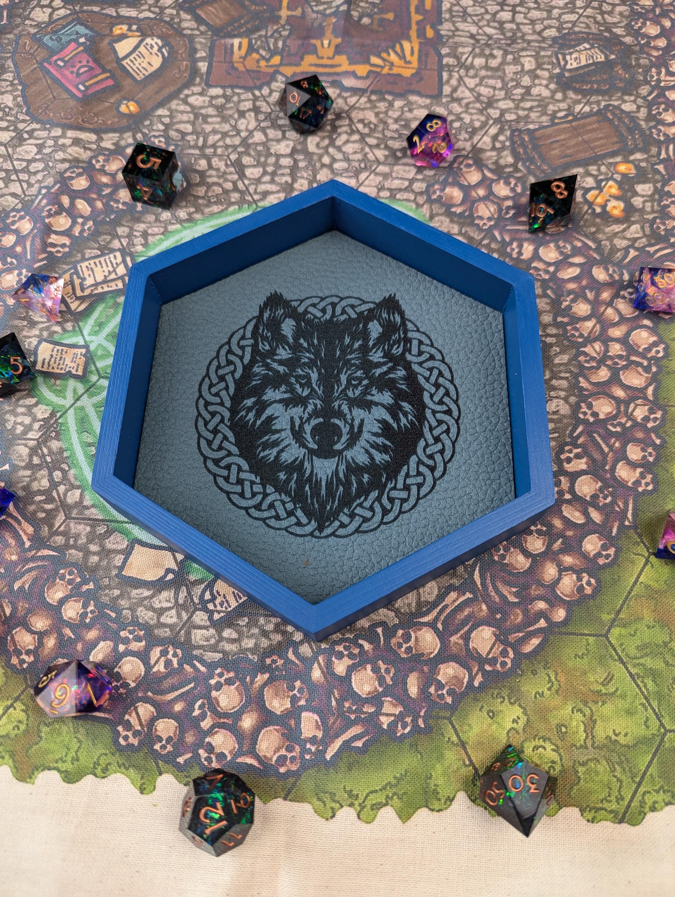 Wolf Dnd Dice Tray, Wooden Faux Leather Lined Dice Rolling Tray, Gaming ...