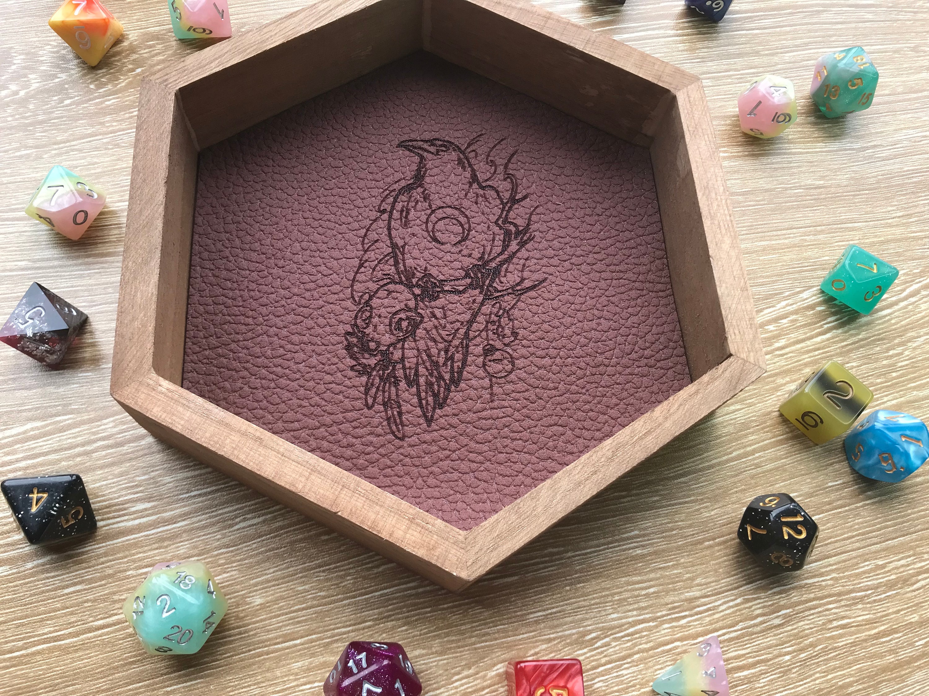 Raven Dice Tray, Wooden Leather Lined Dice Rolling Tray, Gaming ...