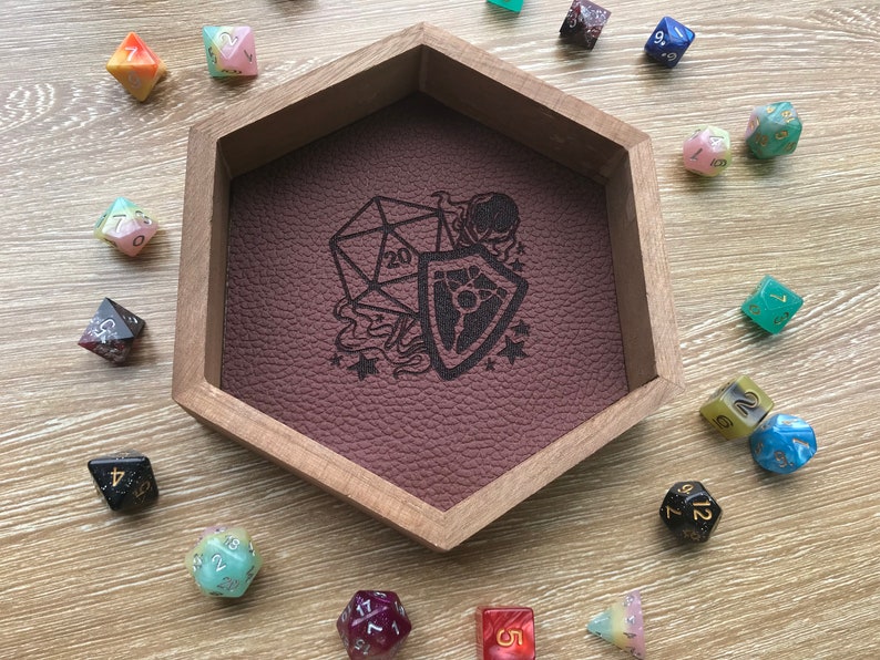 Cleric Dice Tray With D20 Design and Shield Wooden Leather - Etsy