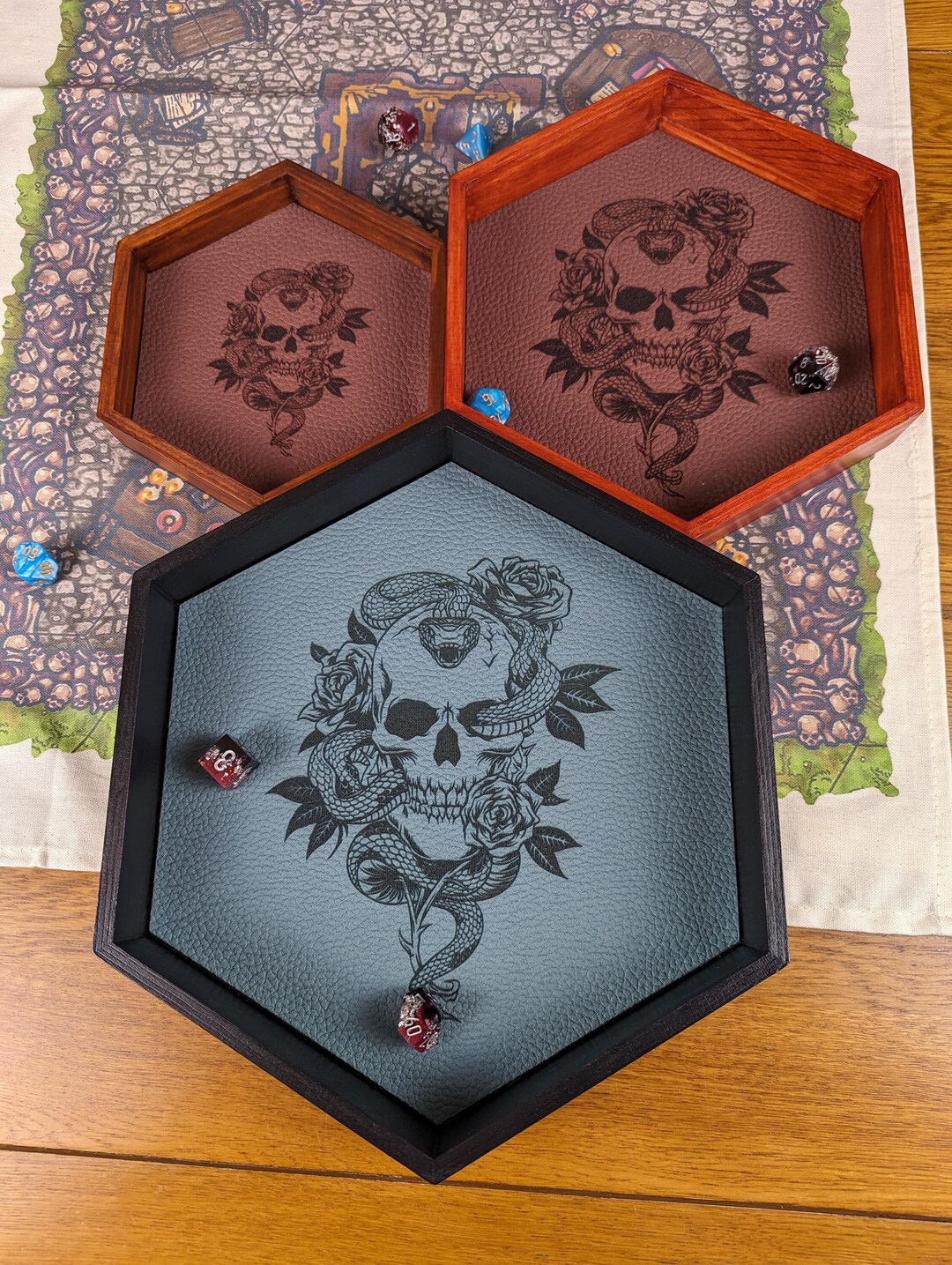 Skull Snake and Roses Gothic Dice Tray, Wooden Faux Leather Lined Dice ...