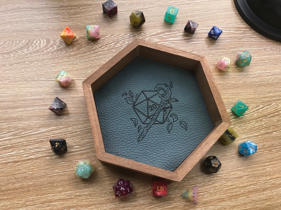 Druid Dice Tray With D20 Design, Wooden Leather Lined Dice Rolling Tray ...