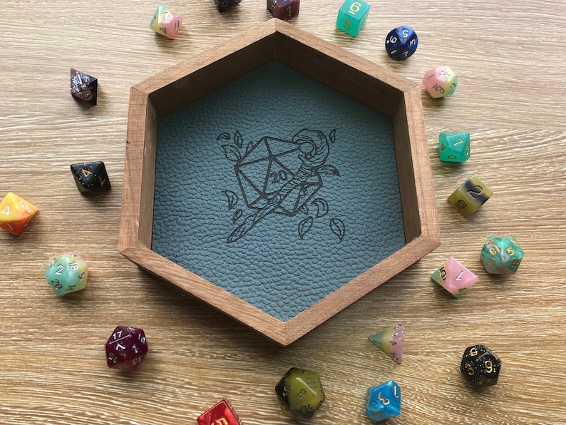 Druid Dice Tray With D20 Design, Wooden Leather Lined Dice Rolling Tray ...