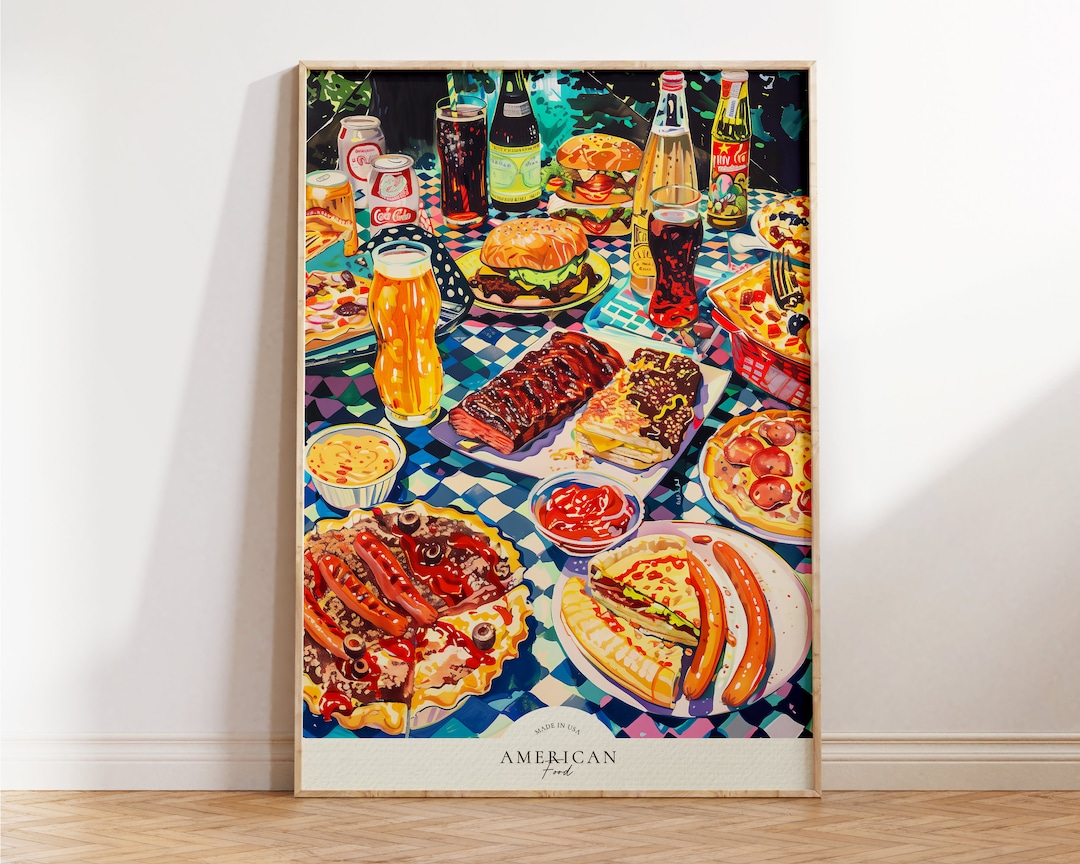American Dinner Table Food Spread Print, Famous USA Food Wall Art ...