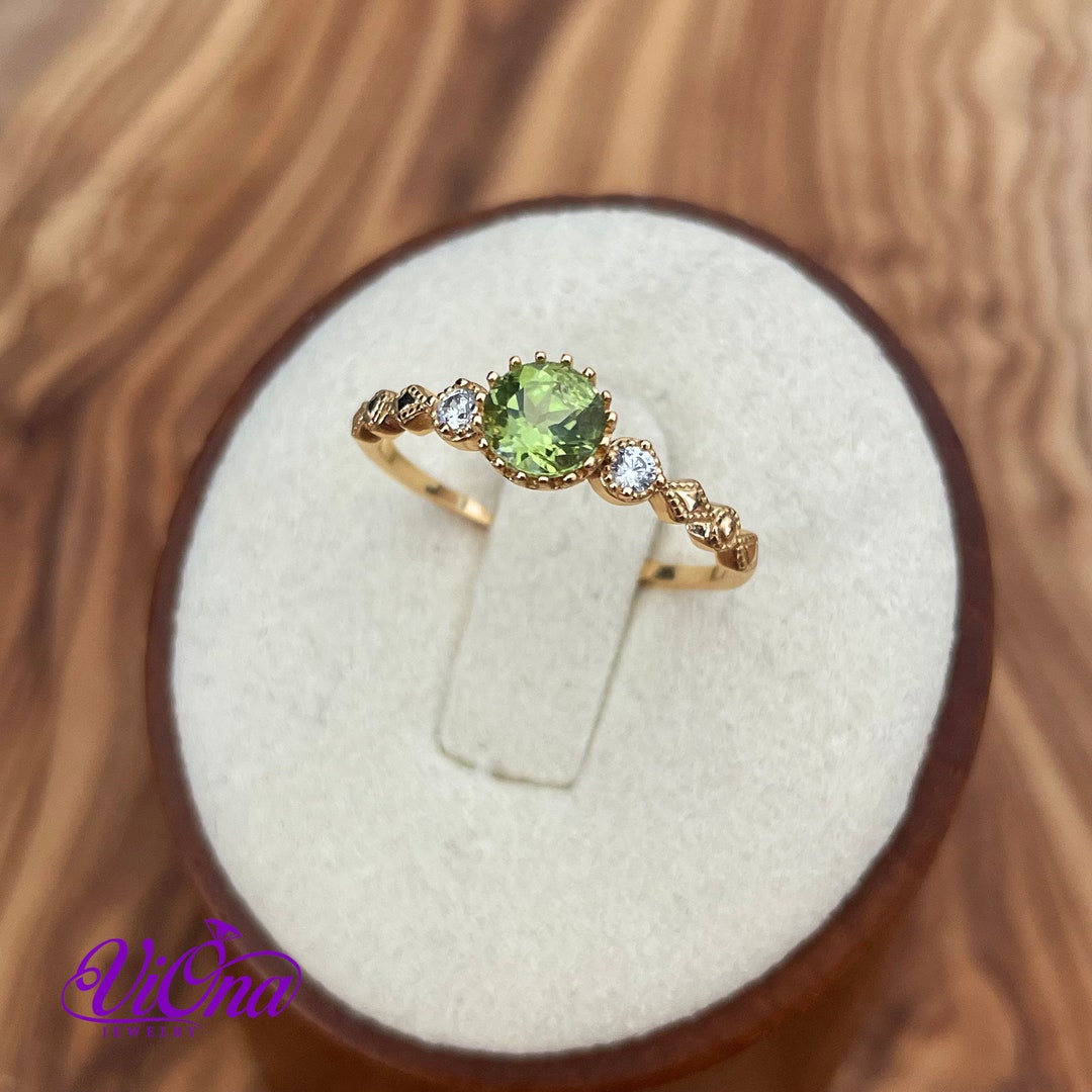 Real Peridot Ring, Round Cut in Gold Plated 925 Sterling Silver With ...