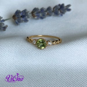 Real Peridot Ring, Round Cut in Gold Plated 925 Sterling Silver With ...