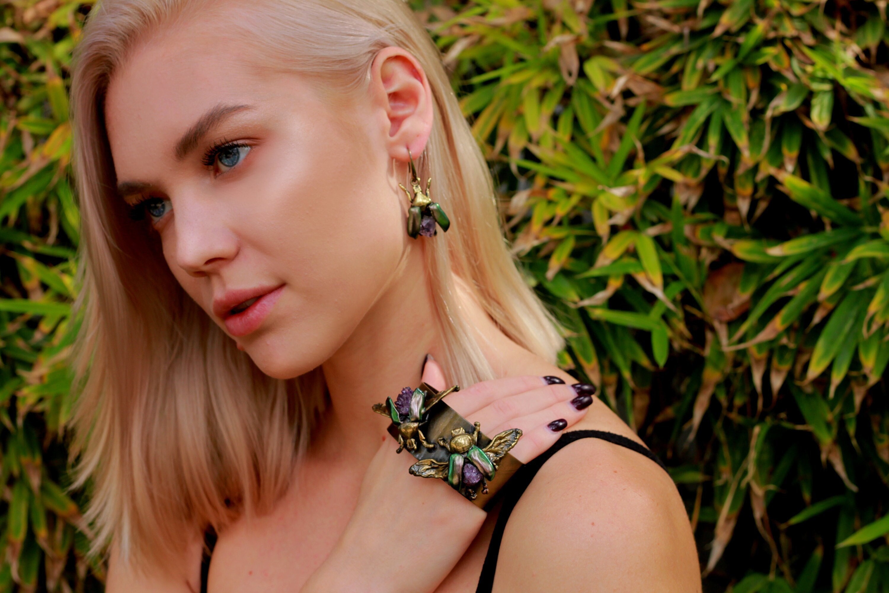 Wide Bracelet Beetle // Earrings Green Bug // Insect Jewelry ...