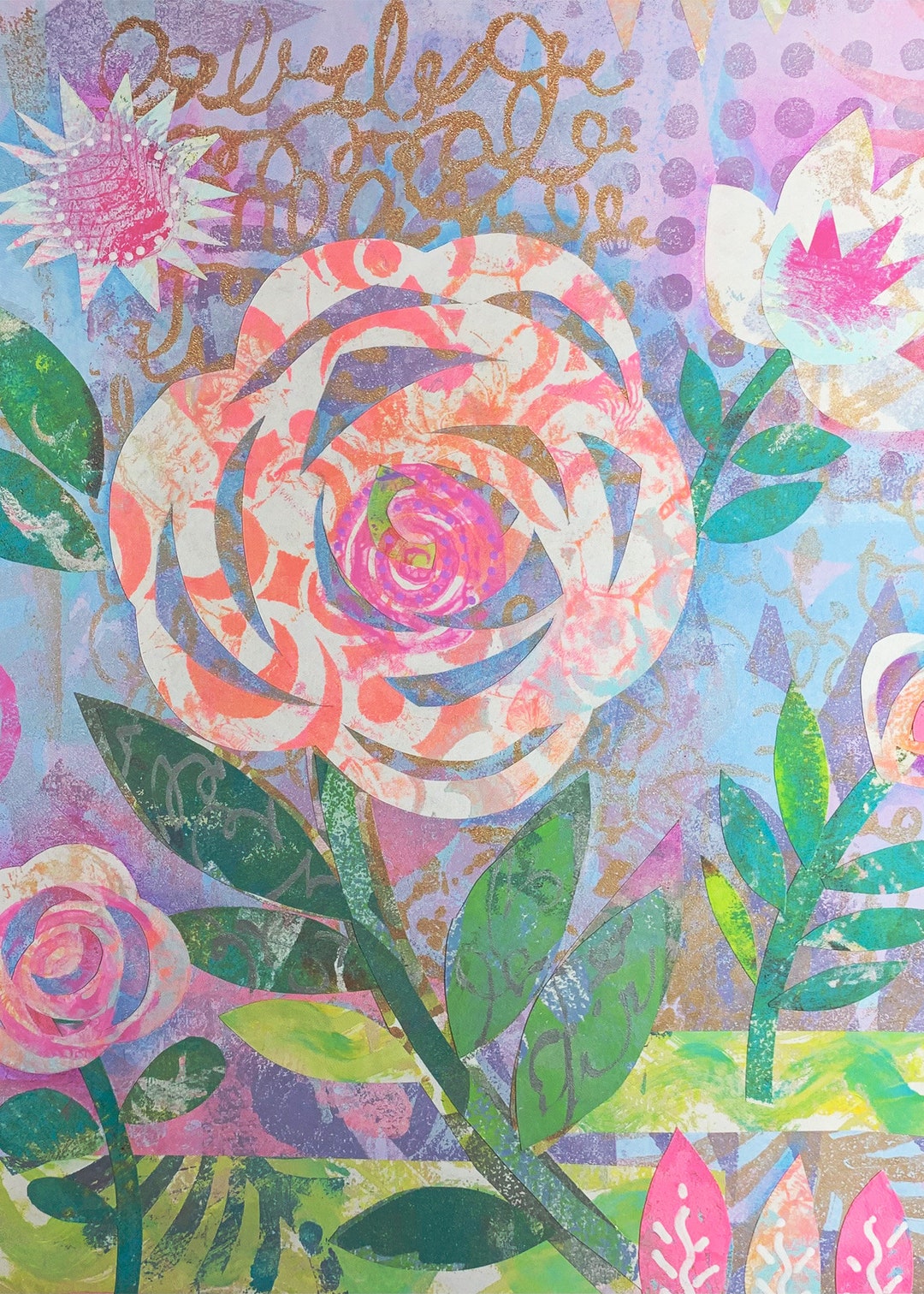 Original Floral Collage, Hand Printed Paper Collage, Hand Cut Paper ...