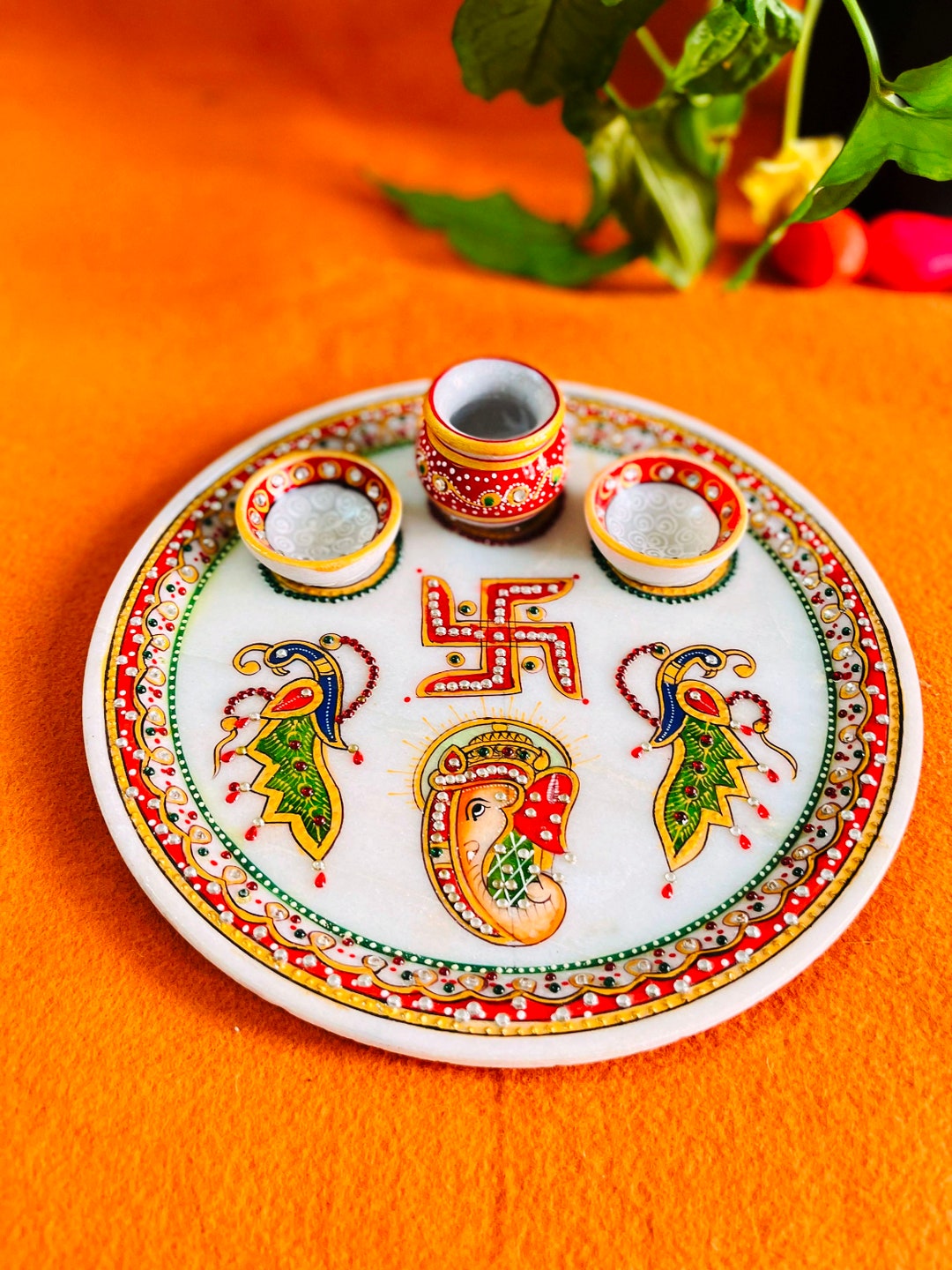Pooja Aarti Plate, Hand Painted With Kalash | Shri Ganesh Ji - Etsy