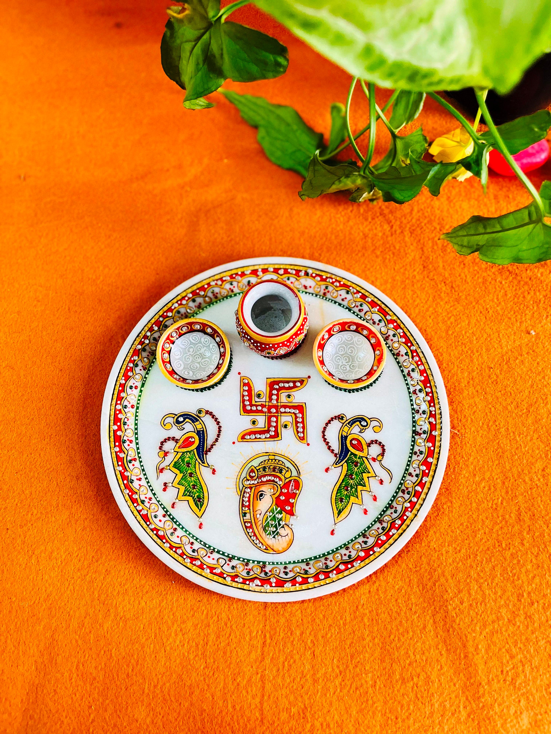Colorful Marble Aarti Plate, Hand Painted With Kalash - Etsy