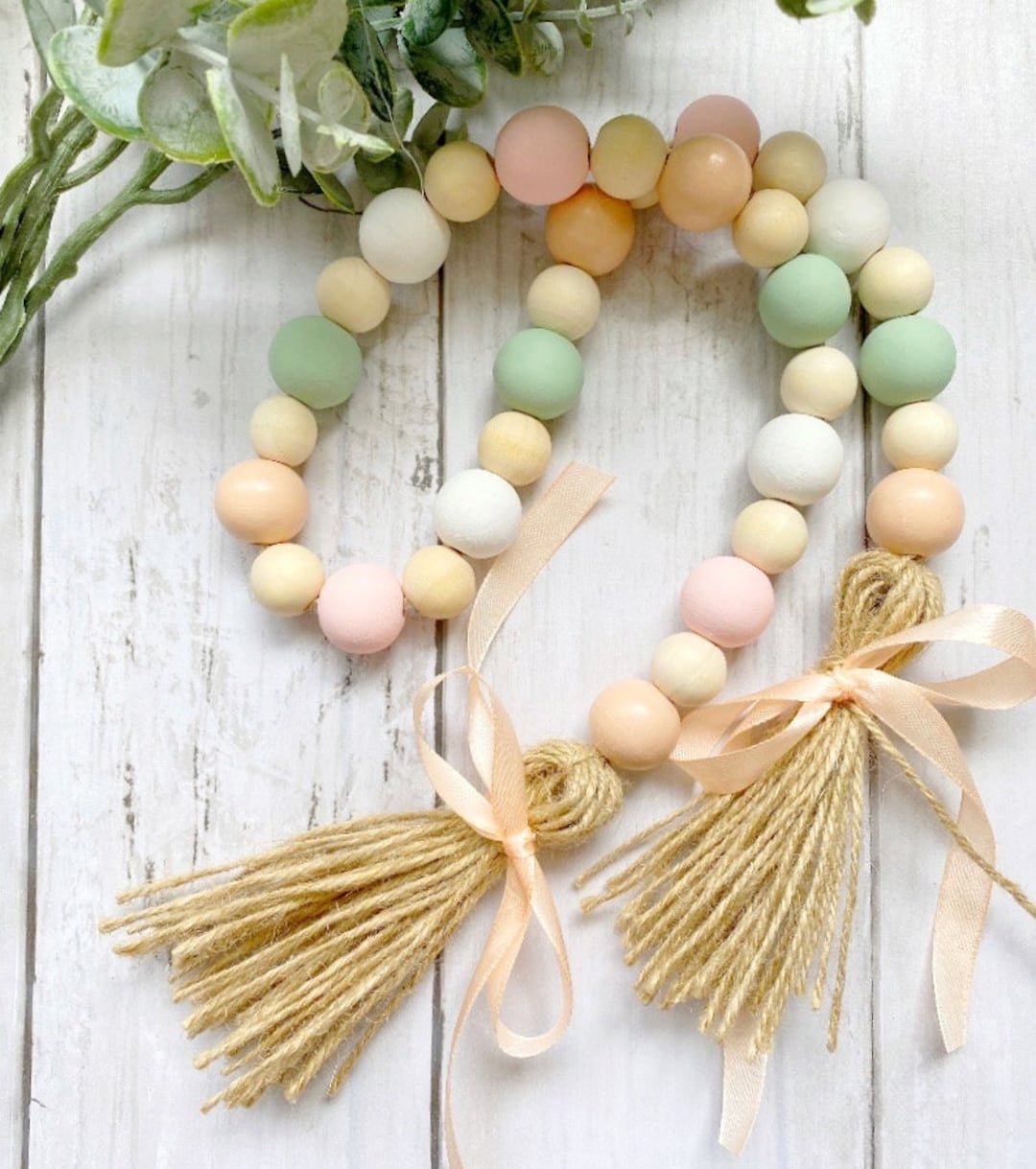 Spring or Summer Wood Bead Garland, Summer Beaded Garland, Peach Beaded ...