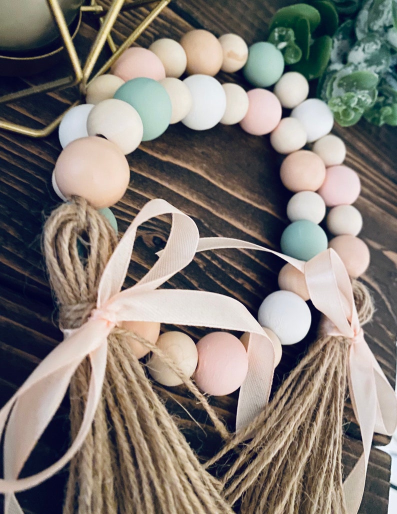 Spring or Summer Wood Bead Garland, Summer Beaded Garland, Peach Beaded ...