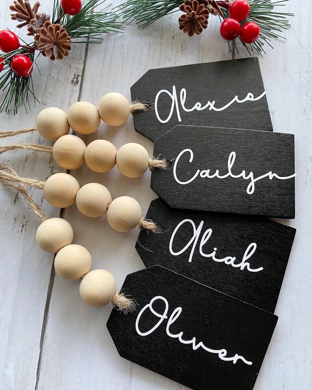 Black Wood Personalized Stocking Tags- Stocking Name Holder ...