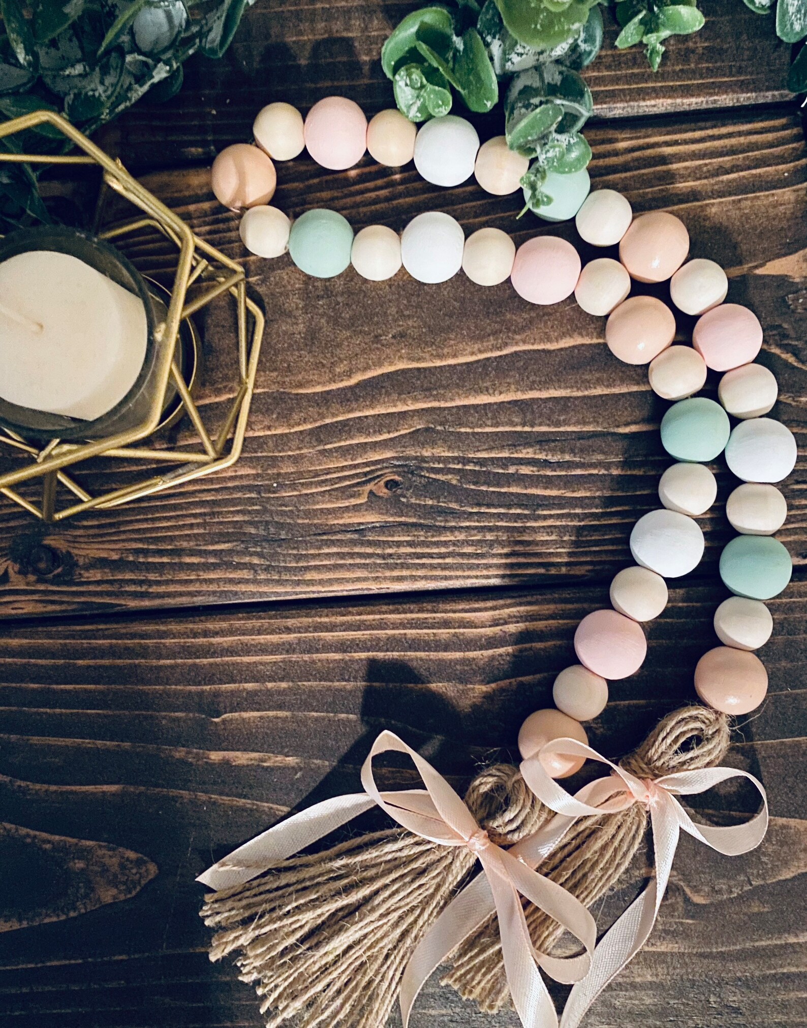 Spring or Summer Wood Bead Garland, Summer Beaded Garland, Peach Beaded ...