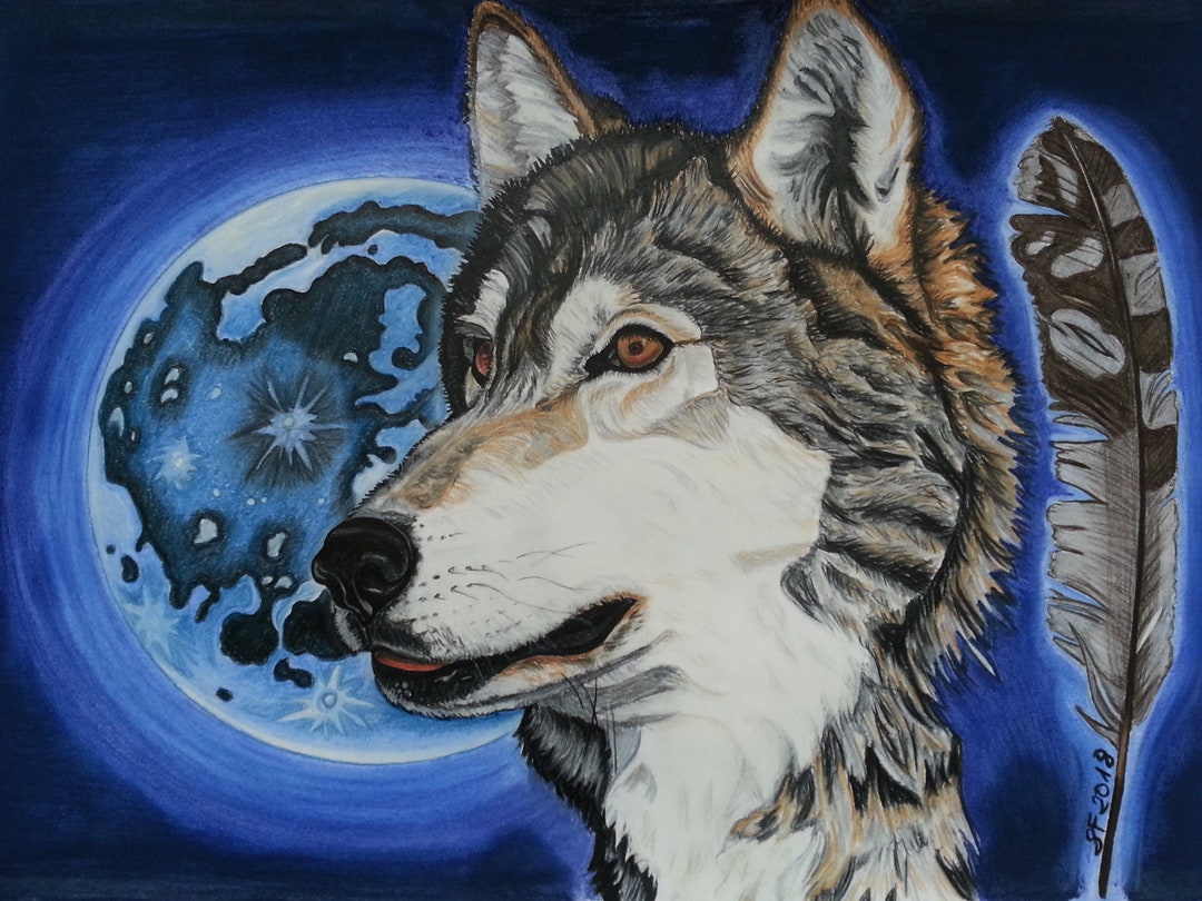 Art Print A4, Wolf, Animal Animal Portrait Dog Moon Feather - Etsy