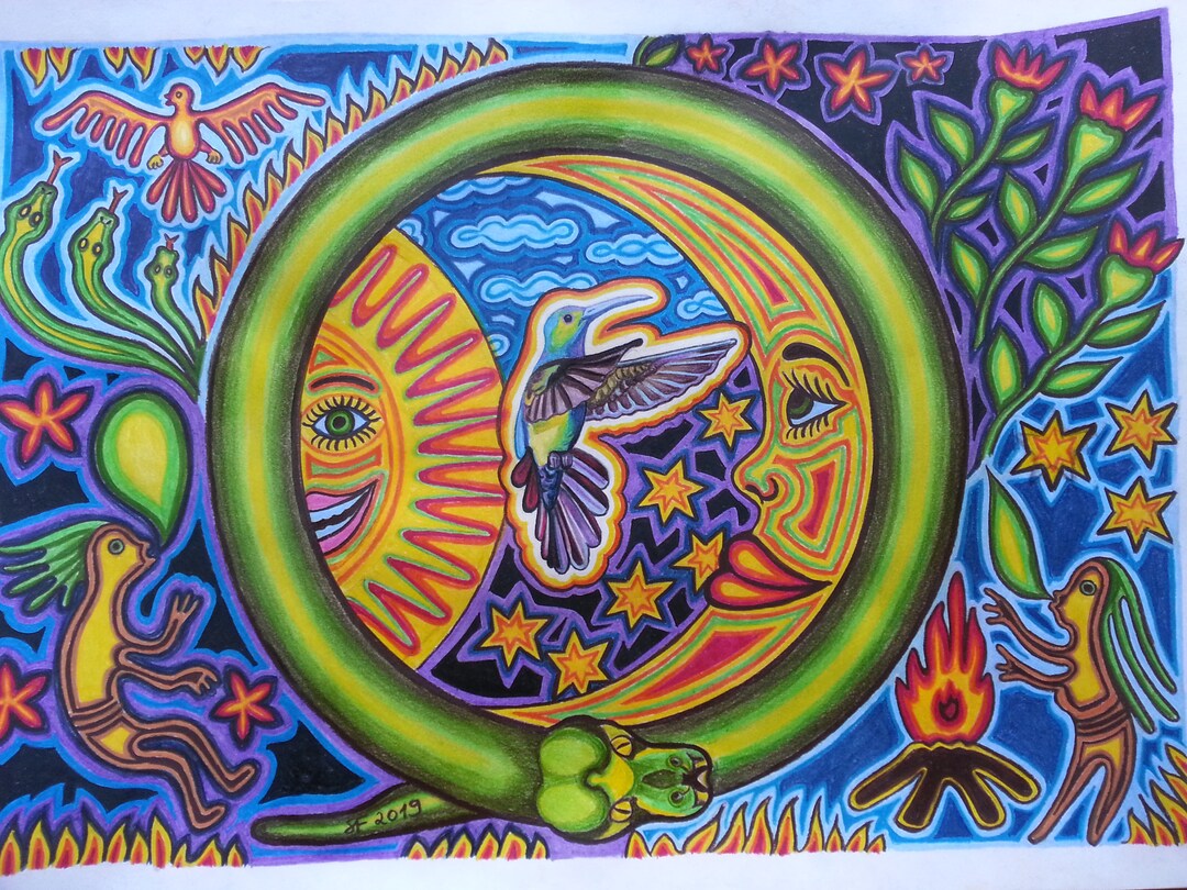 Art Print A4, Sun and Moon, Huichol Huichol Art Mexico Mexico Shamanism ...