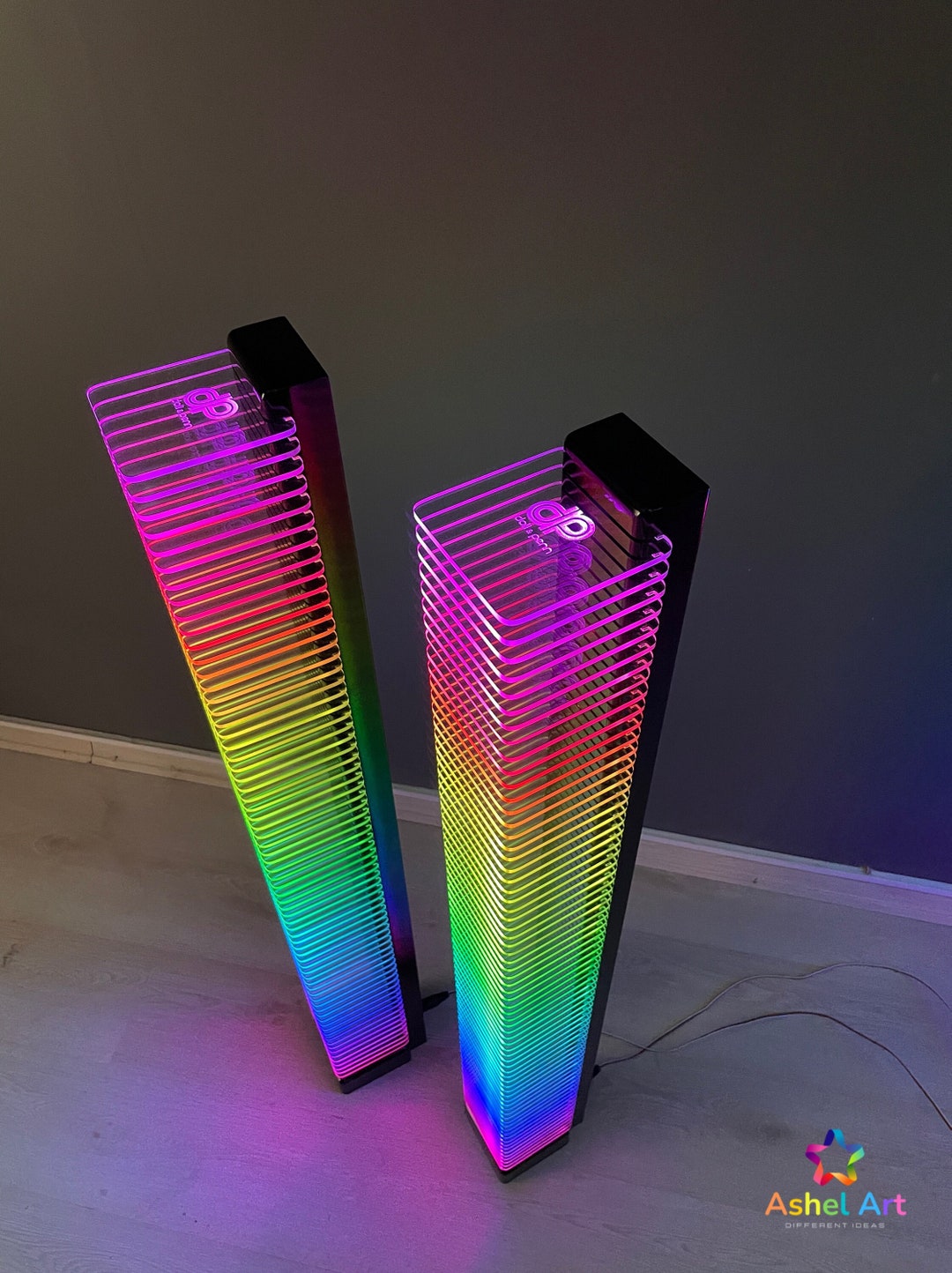 Modern RGB Corner Floor Lamp, Sound Reactive, Wooden & Acrylic Tower ...