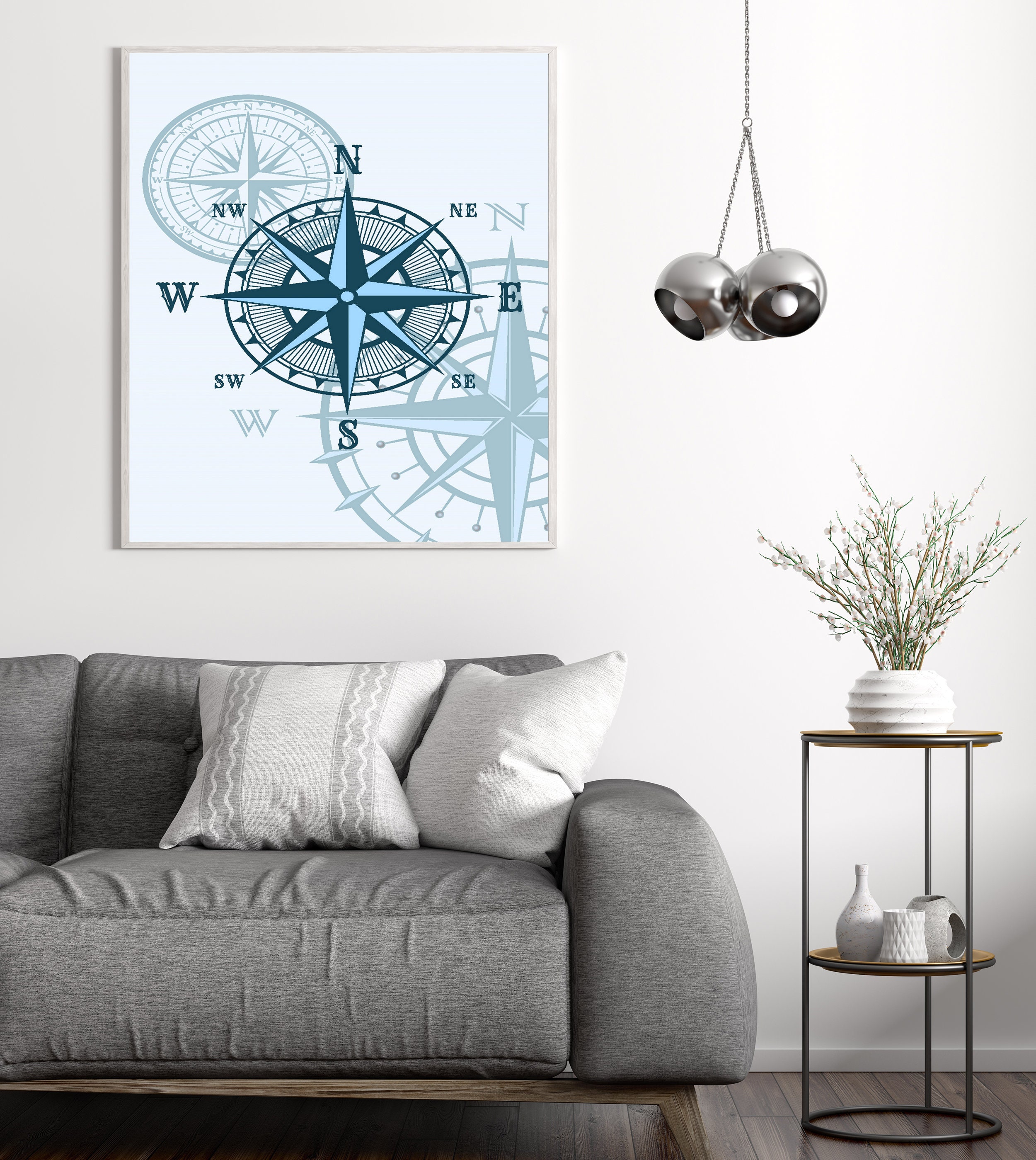 Nautical Compass Abstract Wall Art Printable Blue Compass Etsy