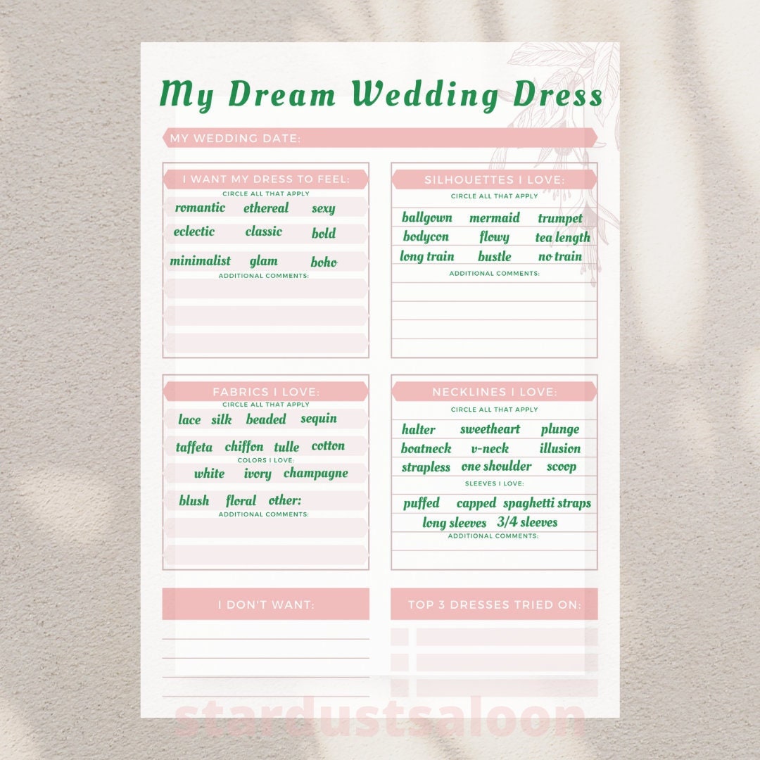 Bridal Dress Checklist Planner Wedding Printable Bride PNG Wedding ...