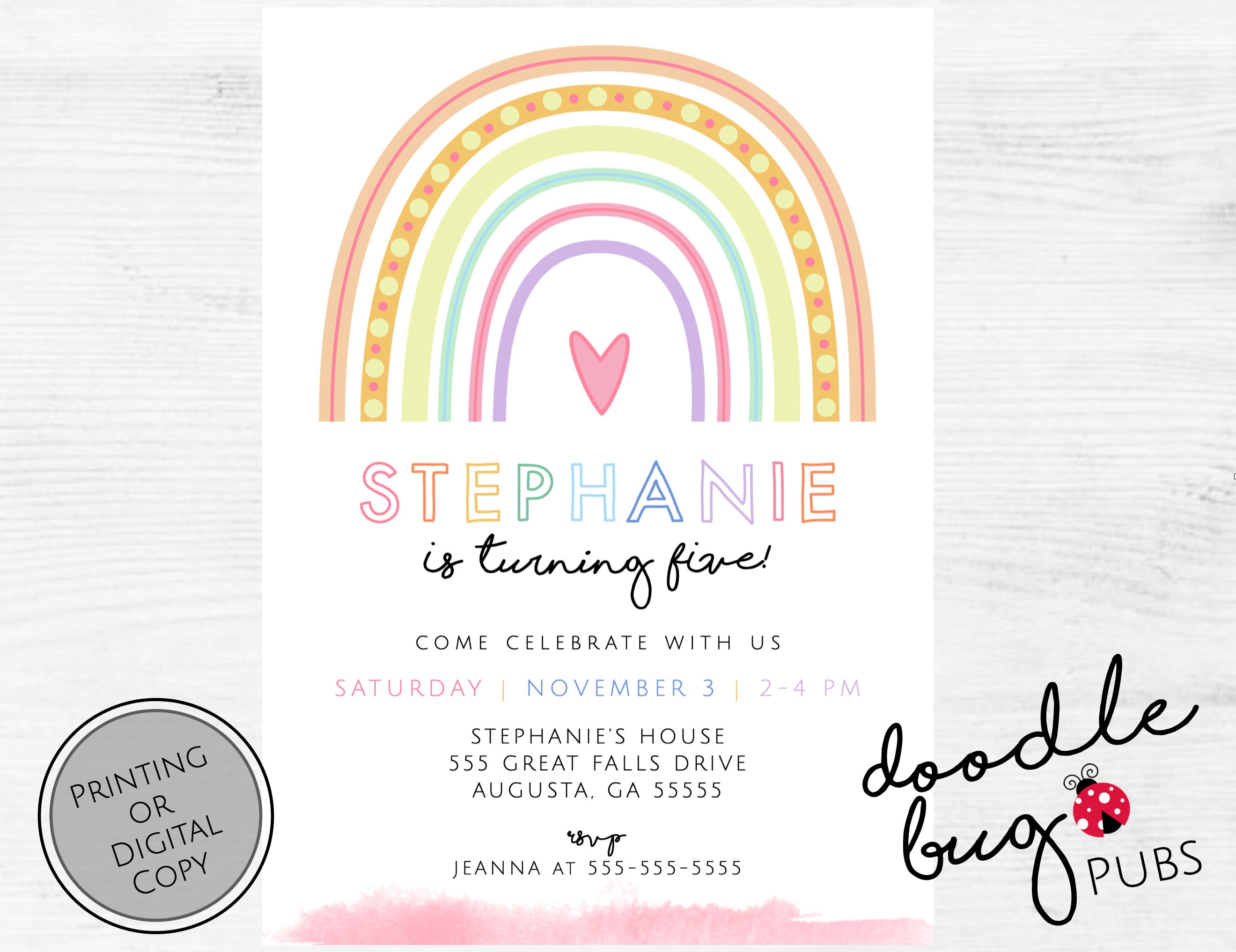 Girly Rainbow Birthday Invitation - Digital Copy or Prints Available - Etsy