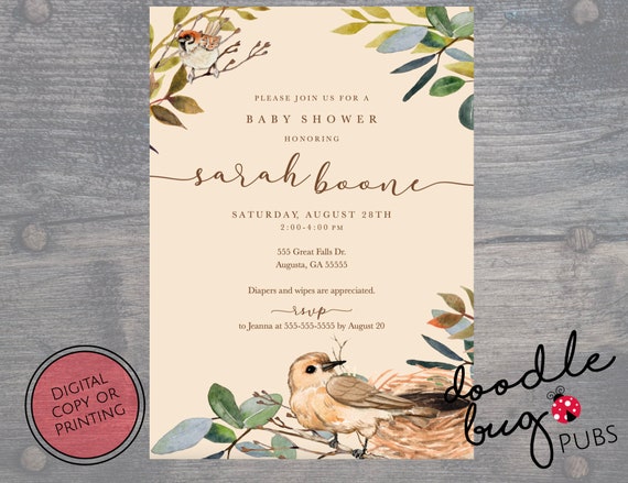 Bird Baby Shower Invitation Digital or Prints - Etsy
