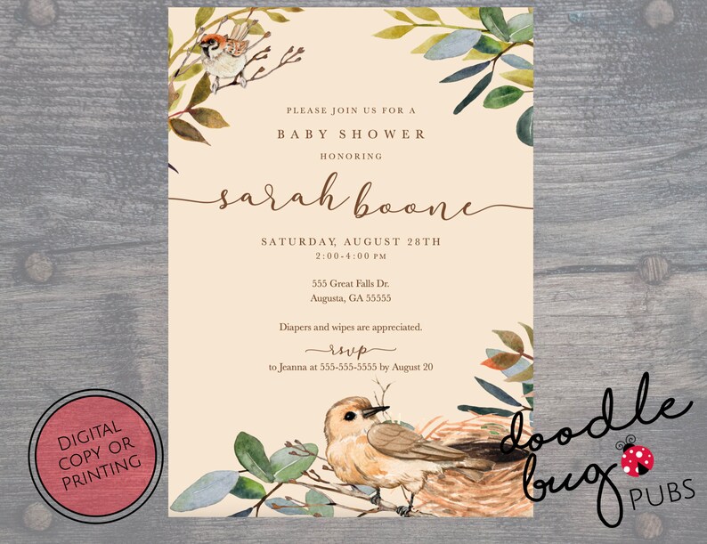Bird Baby Shower Invitation - Digital or Prints - Etsy