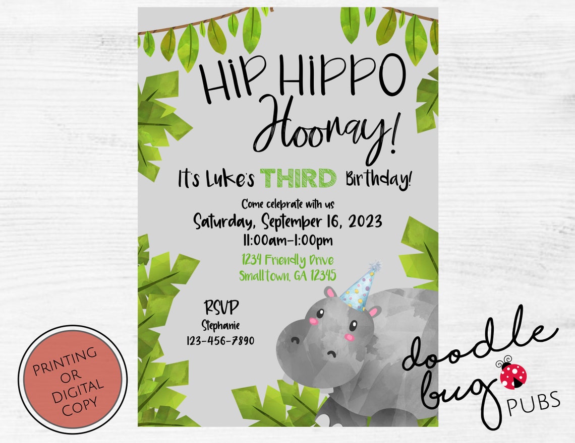 Hip Hippo Hooray Birthday Invitation Digital Copy or - Etsy