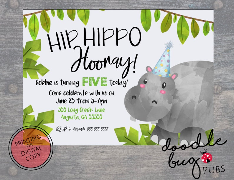 Hip Hippo Hooray Birthday Invitation Digital Copy or - Etsy