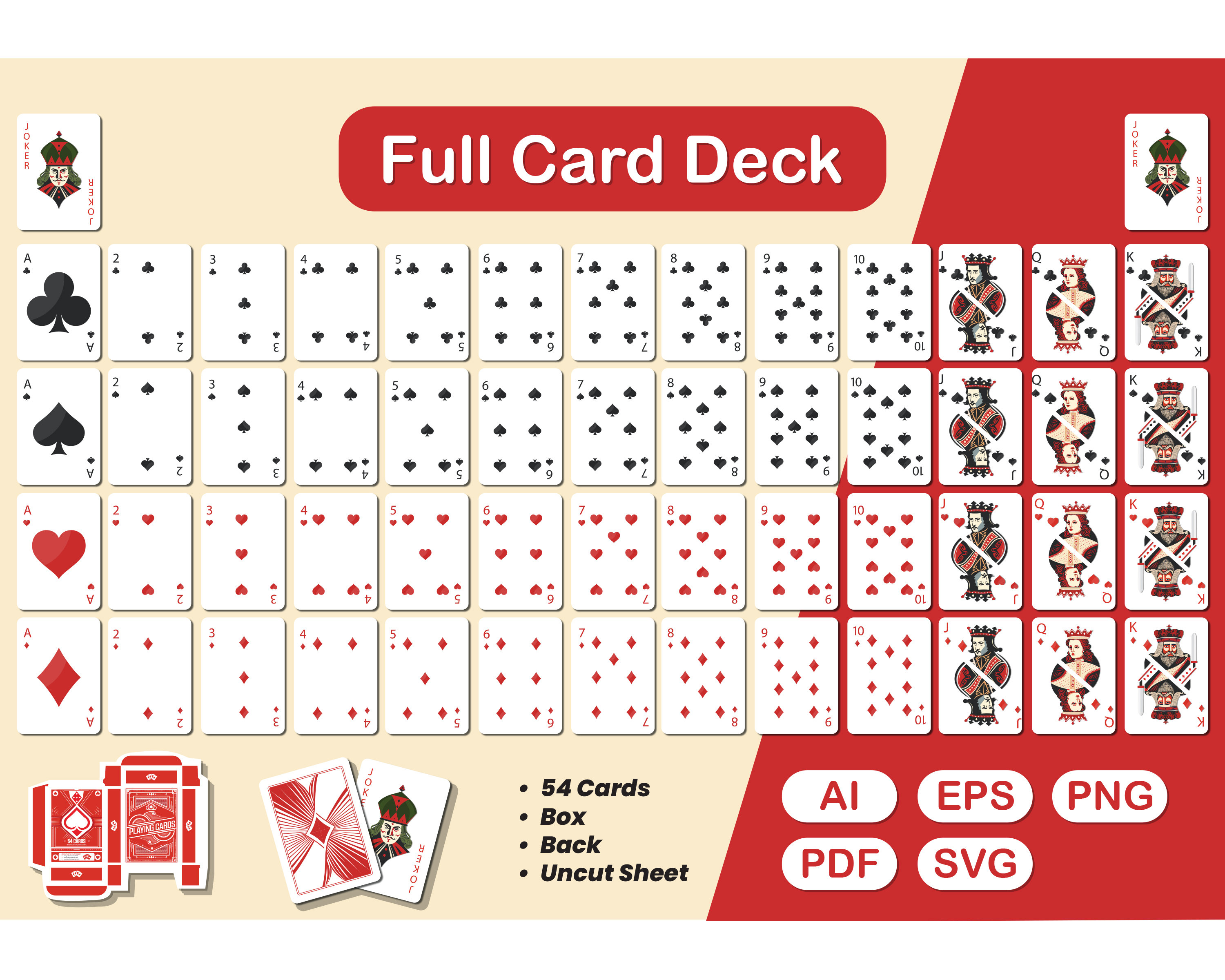 Professional Digital Poker Card Deck Set: Print-ready Files, 54 Cards ...