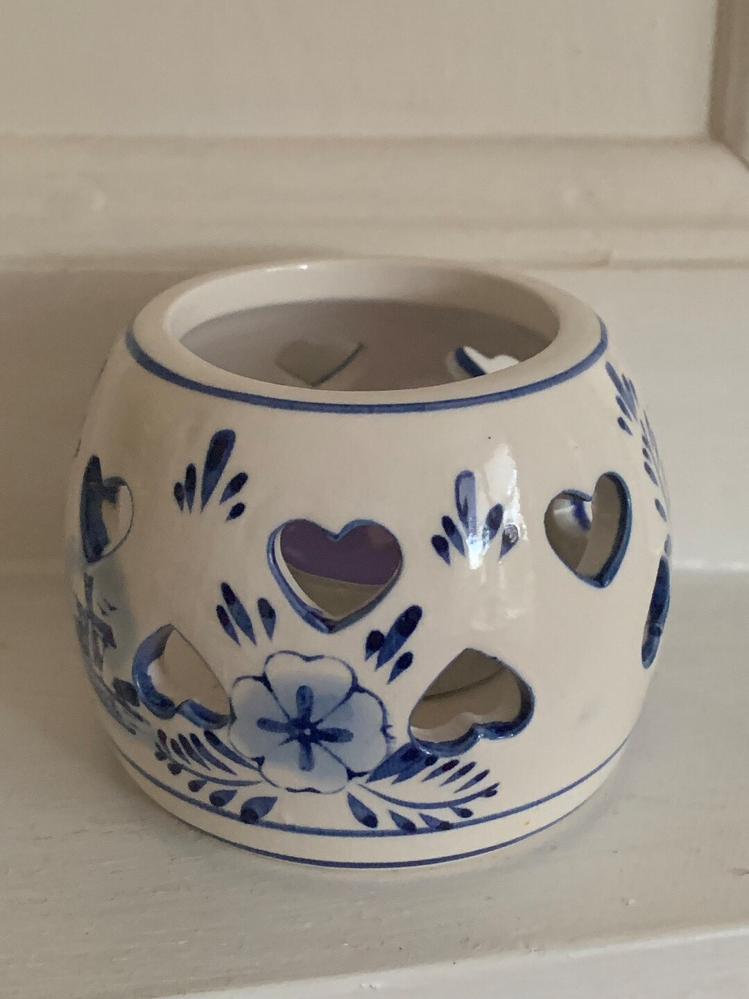Vintage Delft Pottery Tealight Holder Blue & White Hand Painted Cut Out ...