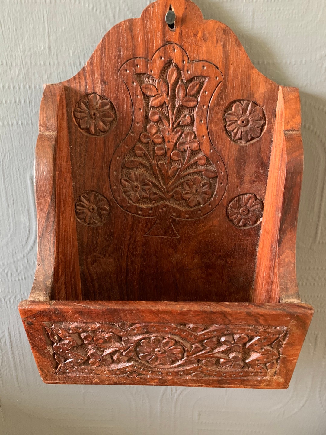 Vintage 1970s Wooden Wall Hanging Letter Rack Organiser Carved Wooden ...