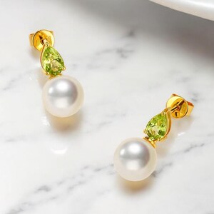 Venus Tear 14K Real Solid Gold Natural Peridot Round Pearl Convertible ...