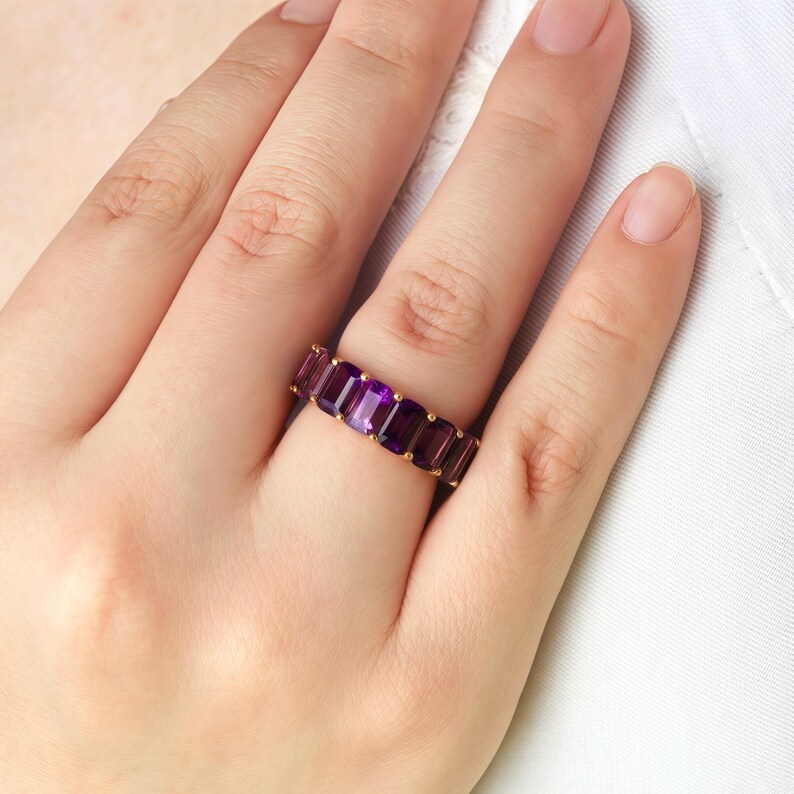 Eternity 14K Solid Gold Royal Purple Emerald-cut Natural Amethyst Band ...