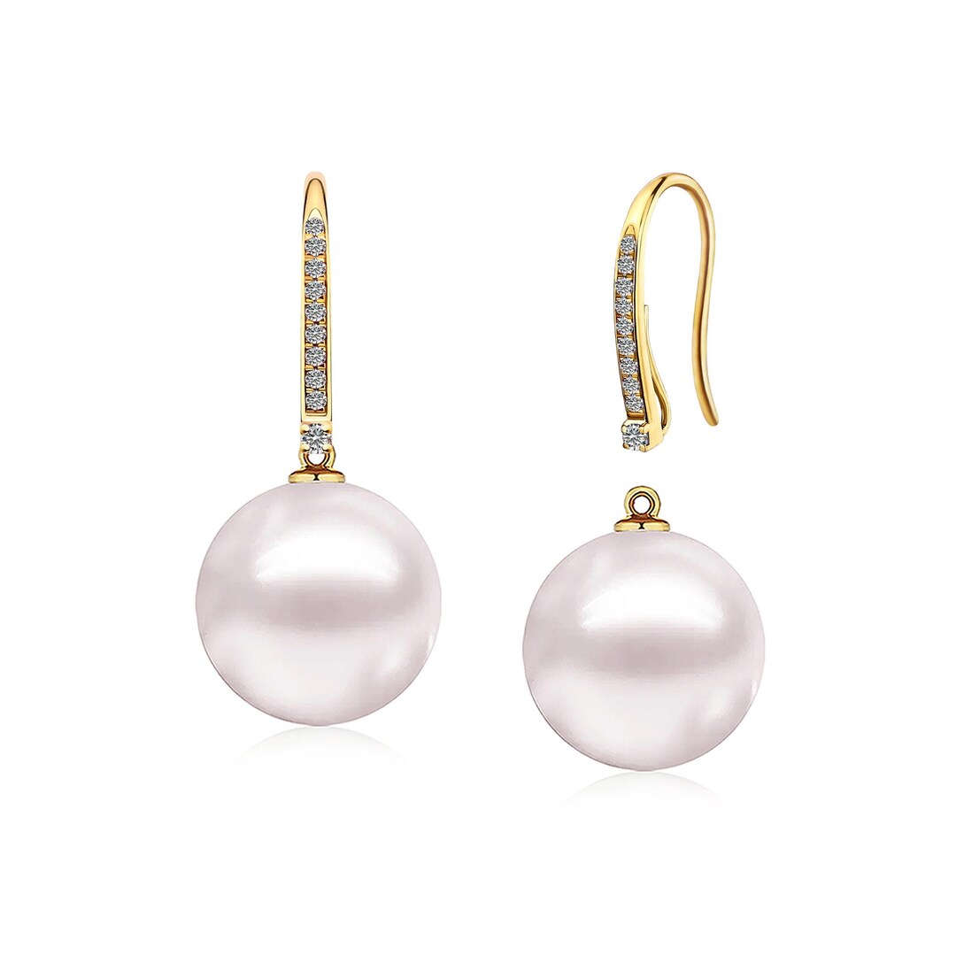 14K Solid Gold Drop Earrings | Daimond Jewelry | Round Pearl Gifted ...