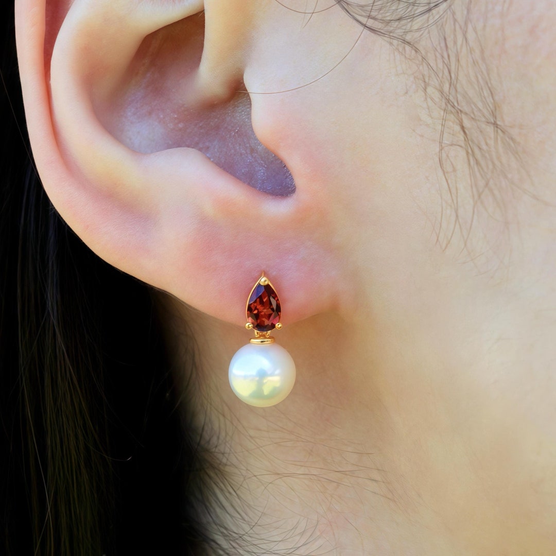 Venus Tear 14K Real Solid Gold Natural Garnet Pearl Convertible Drop ...