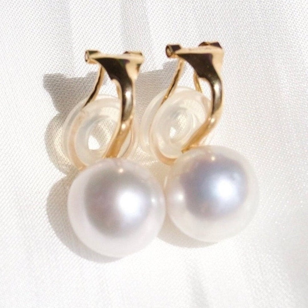 Morningdew 14K Solid Gold Classic Freshwater Big Round Pearl Ear Clip ...